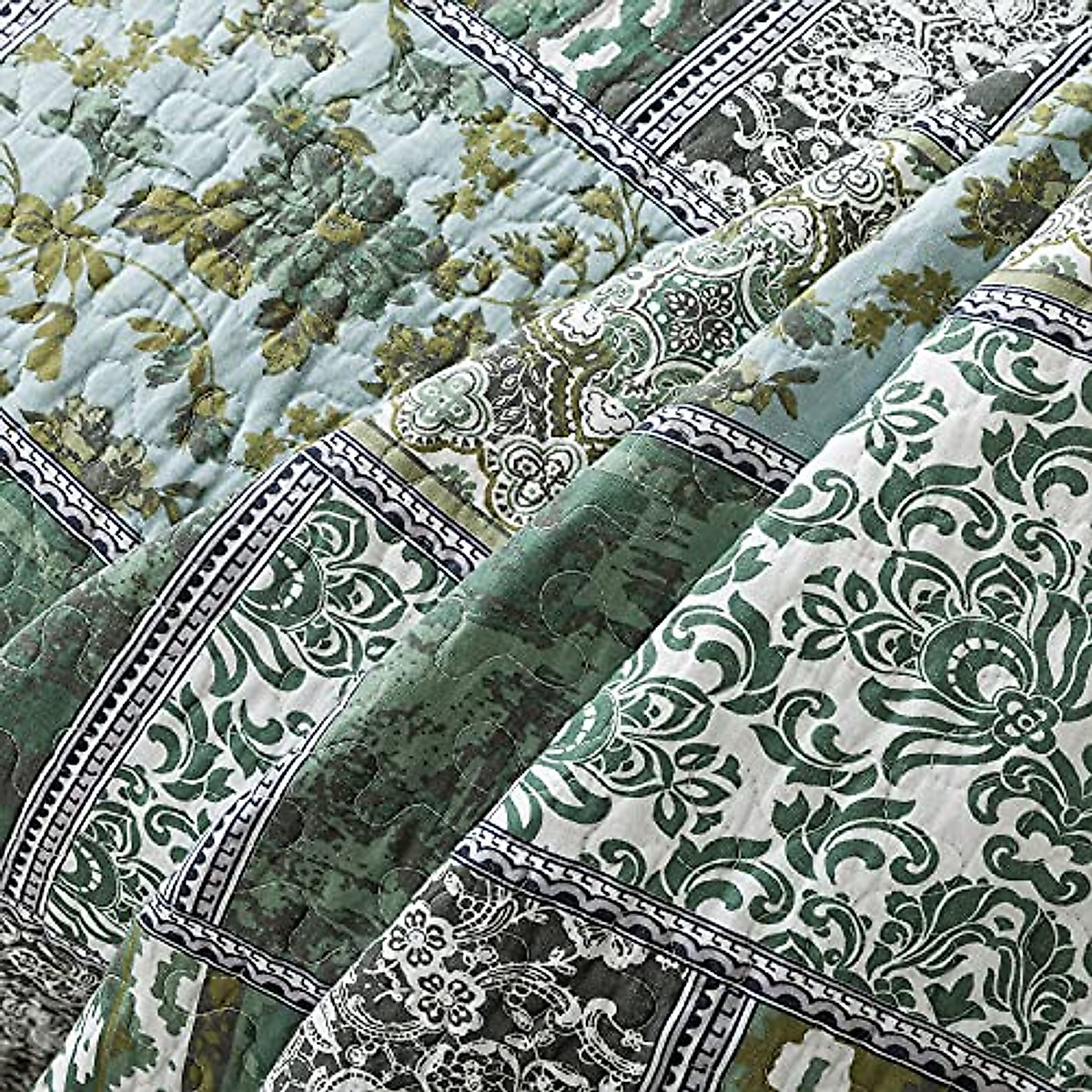 NEWLAKE Cotton Bedspread Quilt Sets-Reversible Patchwork Coverlet Set, Green Classic Bohemian Pattern,Queen Size