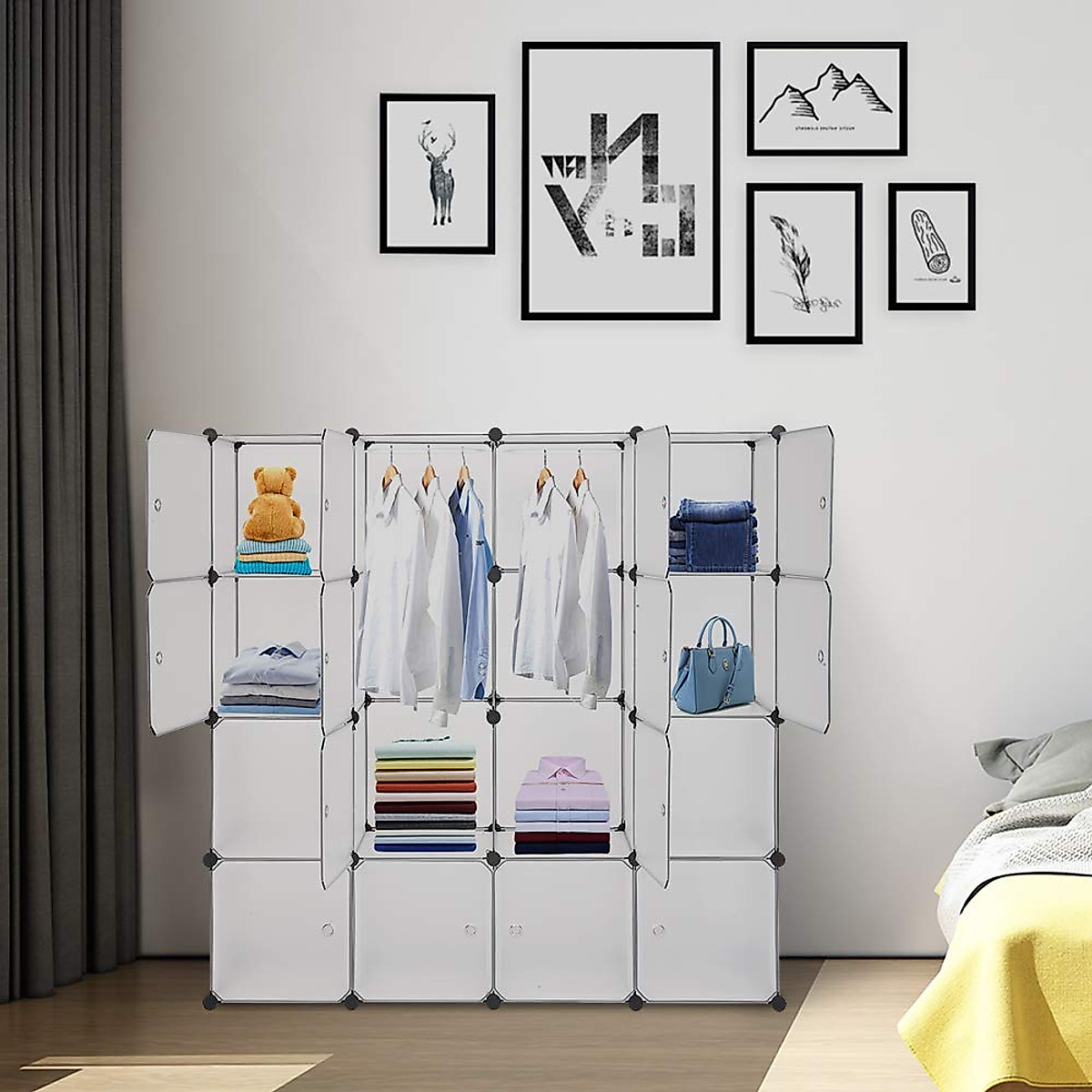VINGLI Cube Storage Organizer, 16-Cube Plastic Closet Cabinet, DIY Plastic Modular Book Shelf Unit, Cube Shelves with Doors and 2 Hanging Rods - Translucent White