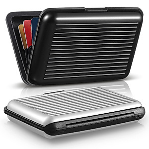 BBTO 2 Pieces Credit Card Holder Slim Mini RFID Blocking Credit Card Protector Aluminum Business Card Case Metal ID Organizer Wallet with 7 Slots for Women Men (Black, Silver)