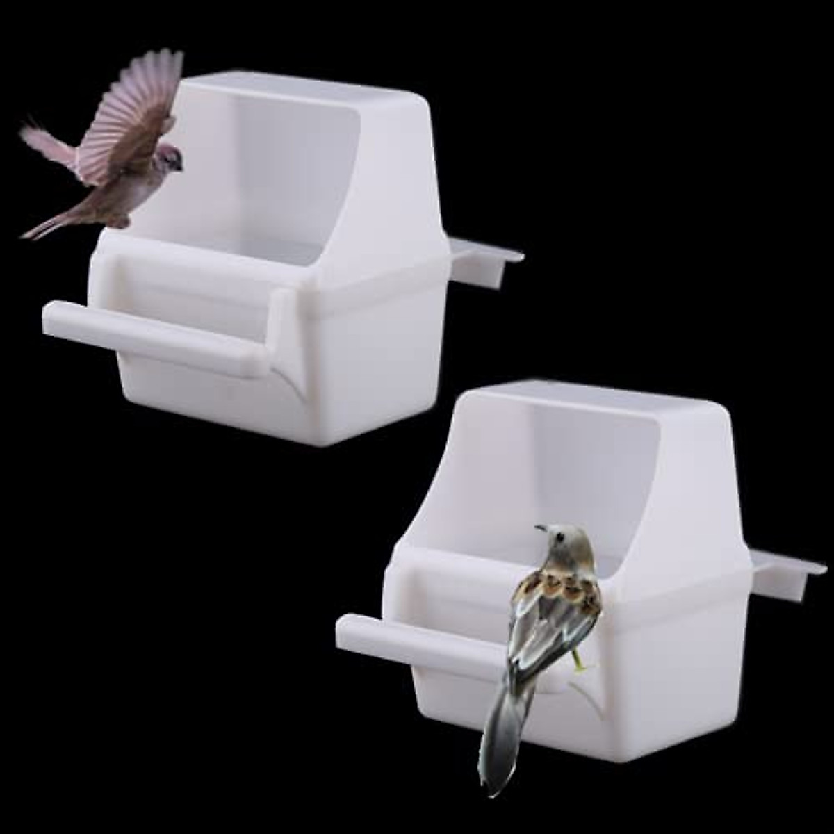 HONGYUNHX 2 Pcs Small Bird Slot Feeder Plastic Bird Water Dispenser Bowl No Mess Cage Hanging Feeder Cup Small Birds Cage accesory,White
