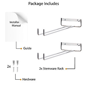 Wallniture Chiraz Wine Glass Rack Wall Mounted Kitchen Organization and Storage Set of 2, 15 Inch Chrome Stemware Holder