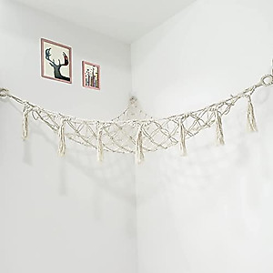 Stuffed Animal Toy Hammock Macrame With String Light Hanging,Stuffed Animal Organizer Wall Corner Toy Storage Holder Stuffed Animal Display,Bohemian Tassel style Kid Nursery living Roombedroom Decoration