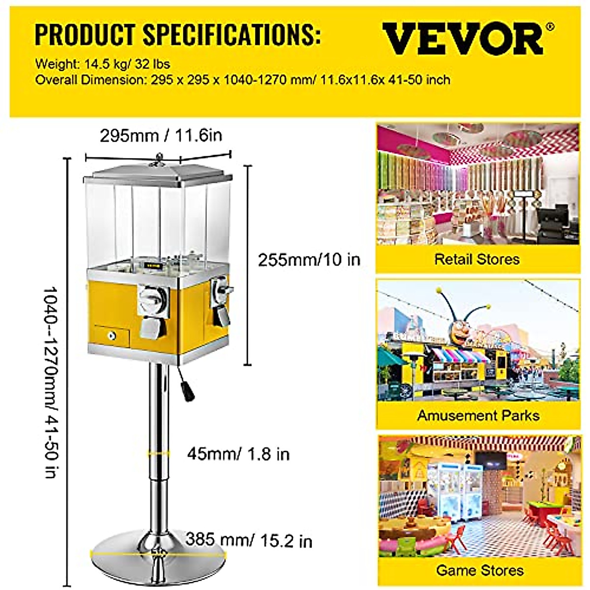 VEVOR Gumball Machine with Stand, Yellow Quarter Candy Dispenser, Rotatable Four Compartments Square Candy Vending Machine, PC & Iron Large Gumball Bank Adjustable Dispenser Wheels for 1" Gumballs