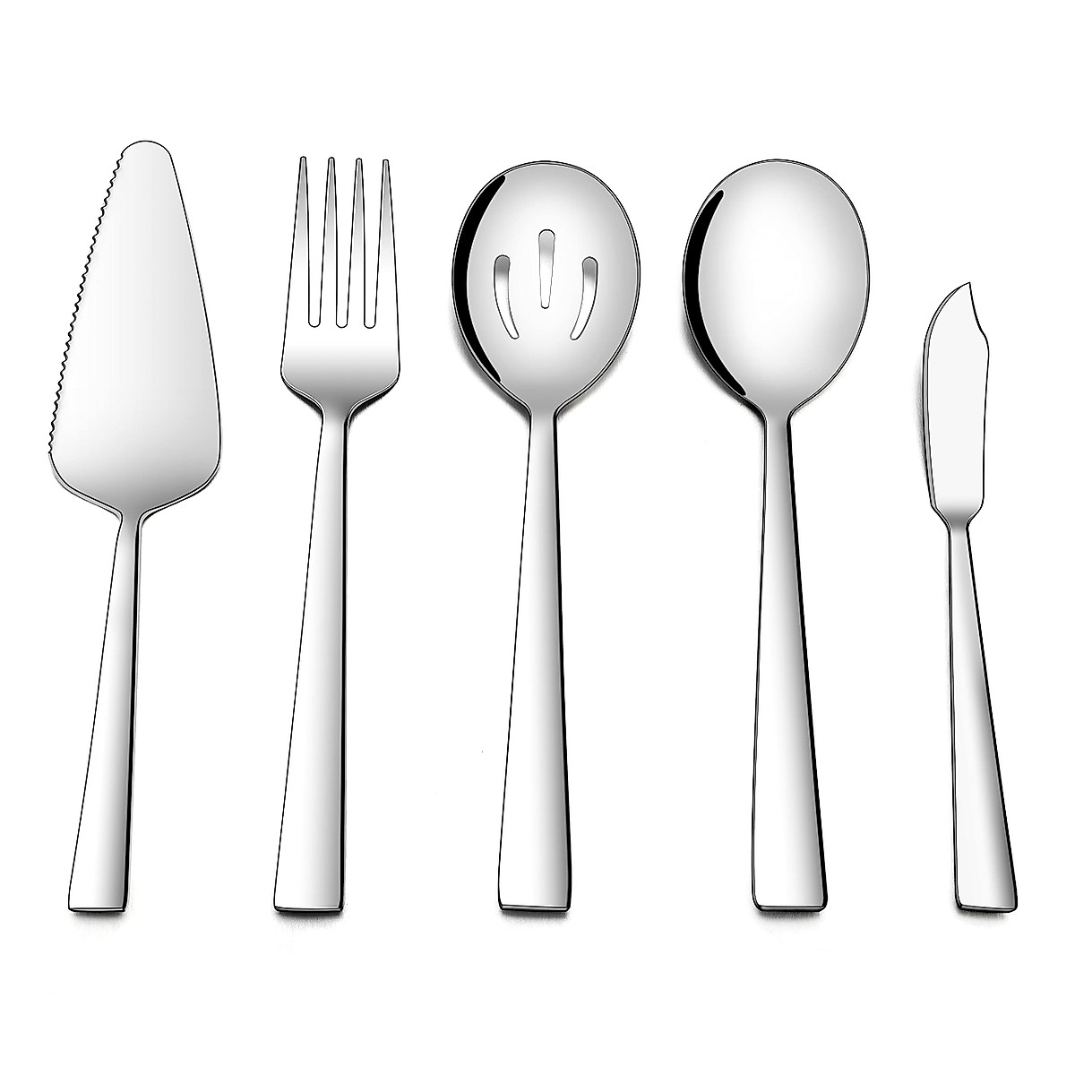 Homikit 5-Piece Silverware Serving Utensils Set, Stainless Steel Square Flatware Hostess Set Include Pie Server Serving Spoons Butter Knife Serving Fork, Dishwasher Safe, Mirror Polished