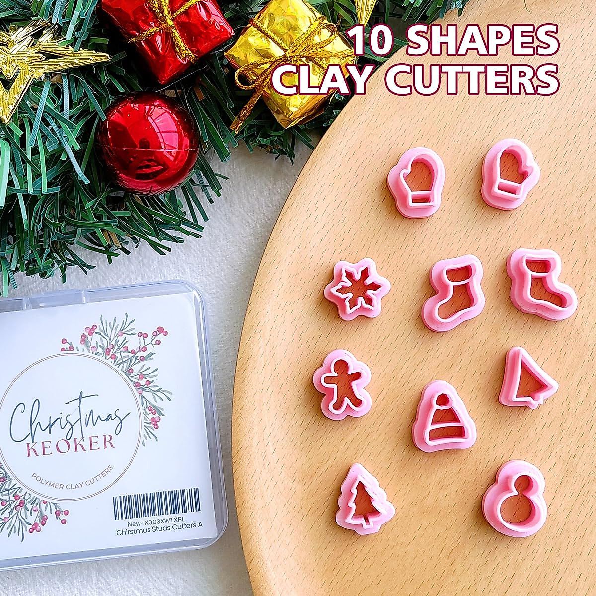 Keoker Christmas Polymer Clay Cutters - 10 Shapes, Christmas Tree Cutters for Polymer Clay Earrings