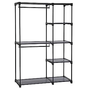 SONGMICS Freestanding Closet Organizer, 44-Inch Clothes Rack with 2 Hanging Rods, Portable Wardrobe Clothes Organizer with 4 Storage Shelves, Gray URYG024G02