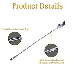 Ortarco 12 Inch Stainless Steel Bar Spoon for Cocktail Mixing with Spiral Handle Silver