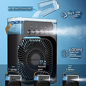 Portable Air Conditioners Fan, Ultra Quiet Personal Small Cooling Misting Fan with 3-Speeds, 5 Mist Holes, Timer, 7 Colors Lights, USB Table Air Cooler Fan for Makeup, Home, Office, Travel (Black)