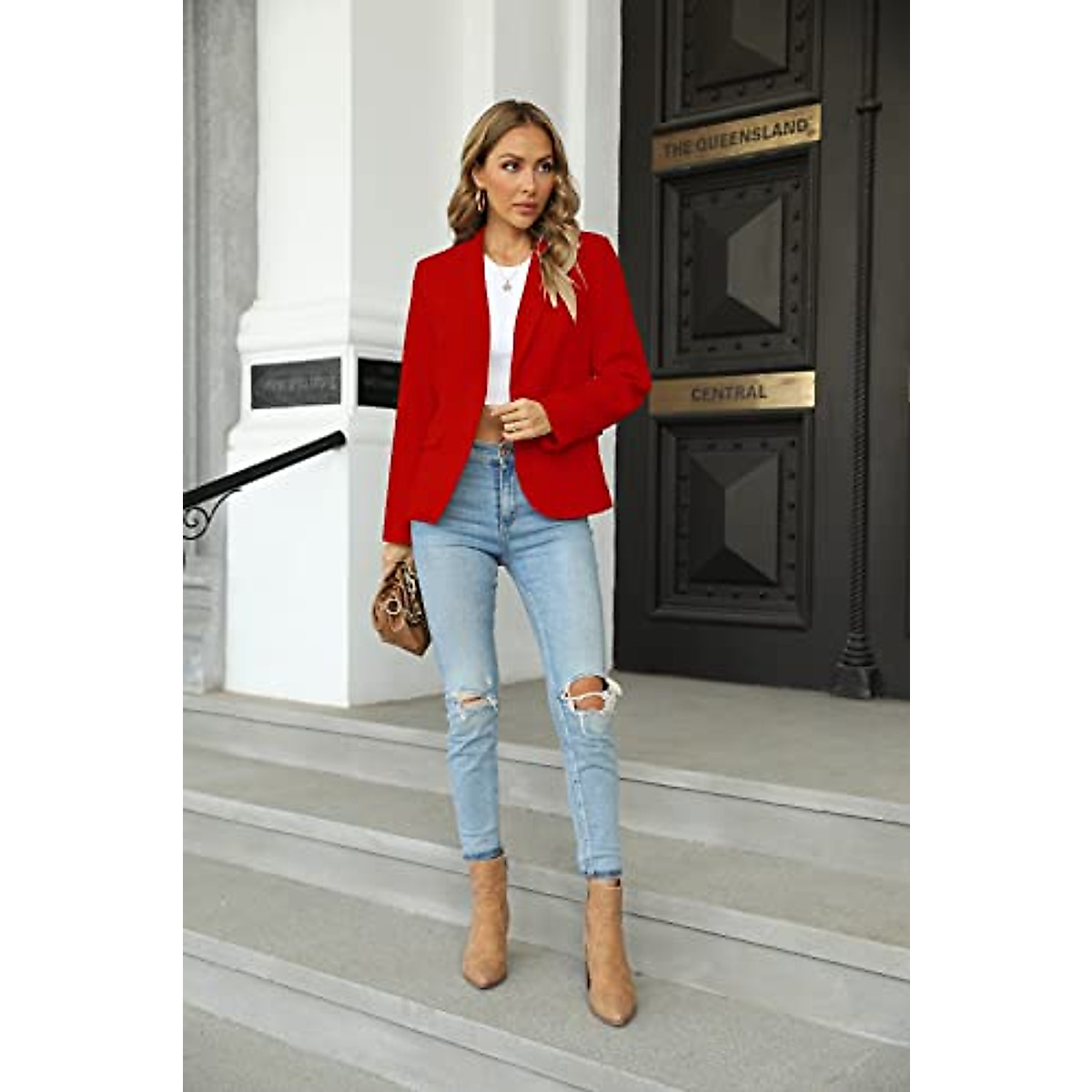 Womens Casual Blazers Long Sleeve Lapel Button Slim Work Office Blazer Jacket(Red,Large)