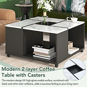 Modern Coffee Table with Storage & Casters, Coffee Tables for Living Room Cocktail Table with Removable Tray, Living Room High Gloss White Marble Top Center Table for Home Office