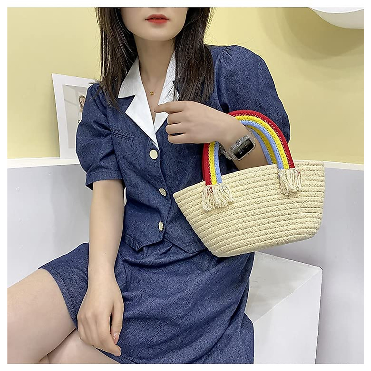 Motleader Woven tote bags Beach bags Rainbow cotton yarn woven picnic basket