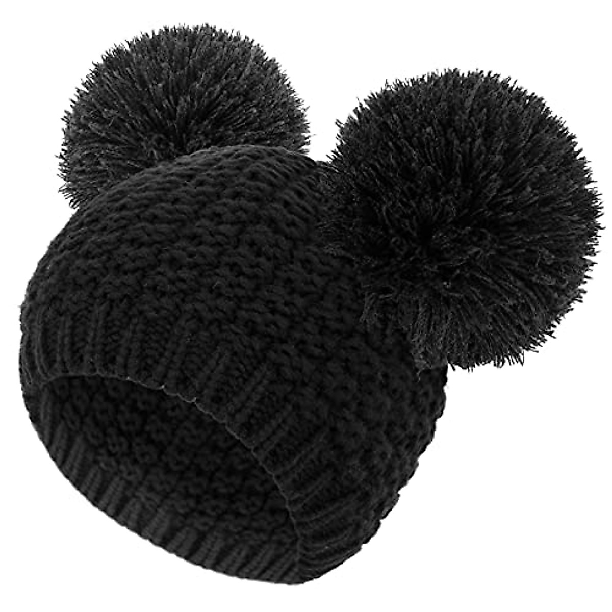 Livingston Women Beanie Hat Cable Knit Double Pompom Ears Winter Hat Cute Beanie for Women Knit Pom Beanie for Winter, Black Beanie