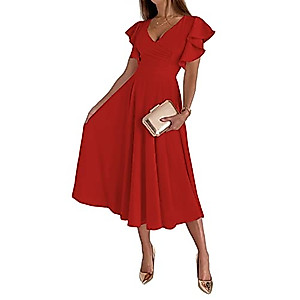 LYANER Women's Deep V Neck Ruffle Short Sleeve Wrap Swing A Line Flared Cocktail Party Midi Dress Red Large
