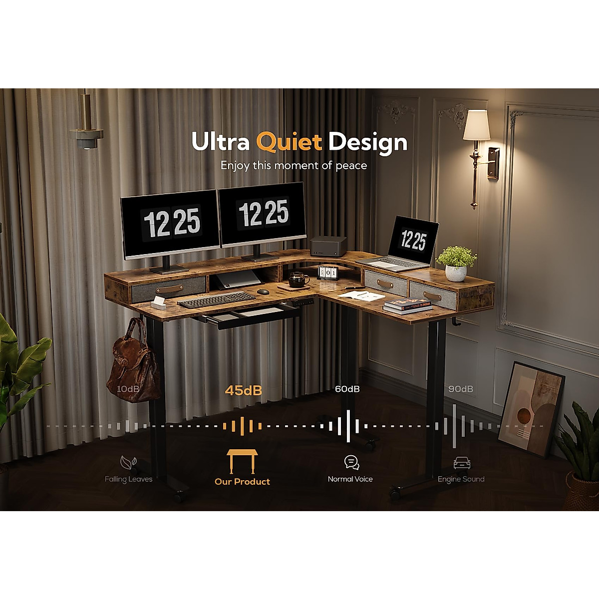 Claiks Triple Motor 63" L Shaped Standing Desk with Drawers, Electric Standing Desk Adjustable Height, Corner Stand up Desk with Splice Board, Black Frame/Rustic Brown Top