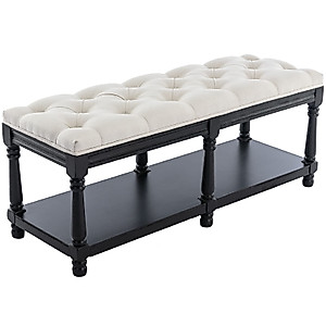 Guyou Farmhouse Storage Bench End of Bed Bench for Bedroom with Shelf 6 Foot, Fabric Upholstered Bench French Country Tufted Bench for Living Room Mudroom Black Washed Wood (Cream, 45”Lx19”Hx15.8”W)