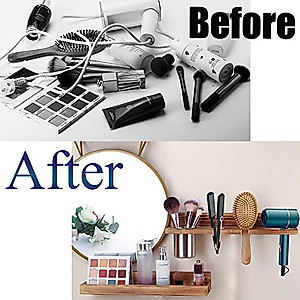 2 Layer Hair Tool Organizer Wall Mount Shelves, Rustic Blow Dryer Holder, Wooden Storage Shelf Bathroom Organizer for Hair Dryer, Curling Iron, Hot Tools, Vanity Accessories, Makeup, Toiletries