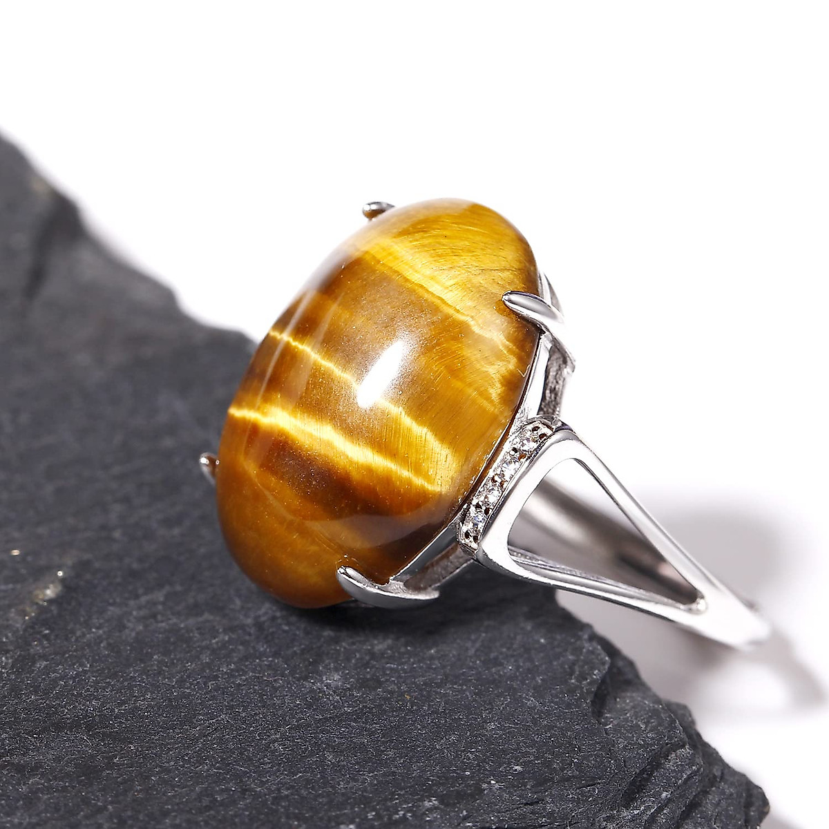 Jewever 925 Sterling Silver Rings for Women Men Genuine Tiger Eye Stone Anxiety Ring Open Adjustable Unisex Jewelry (7-10#)