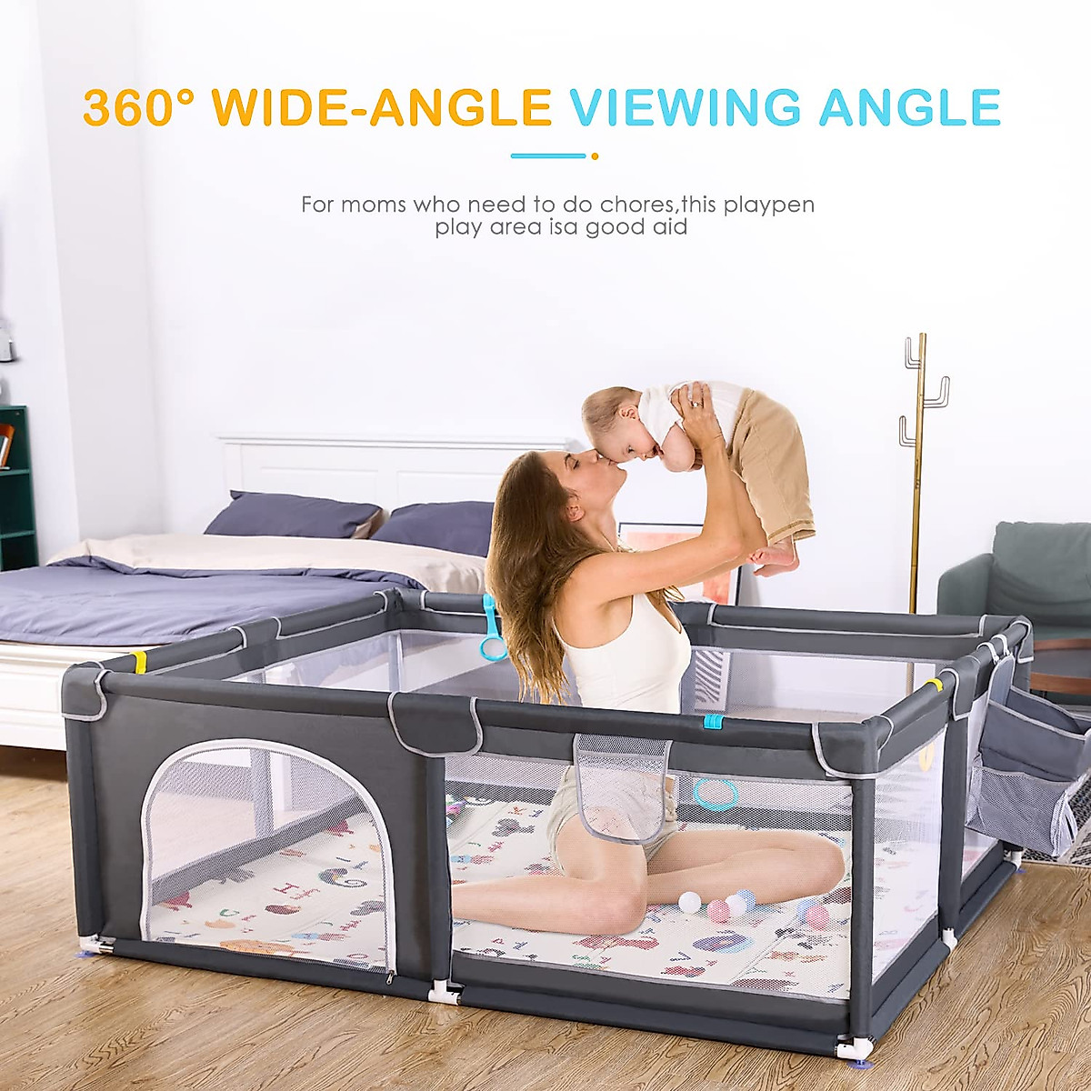 JHTOPJH Baby Playpen Set, Playpen with Collapsible Baby Play Mat, Indoor Baby Play Yard with 50pcs Pit Ball, Baby Play Pen with Soft Baby Book,Anti-Fall Playpen for Toddler(Gray)