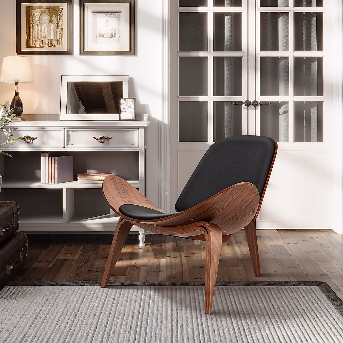 Furgle Mid Century Modern Chair Tripod Design Shell Chair with Black PU Leather Plywood Solid Wood Cute Accent Chair for Living Room, Reading Side Chair for Bedroom, Study, Office