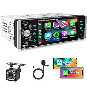 Single Din Car Stereo Support Apple Carplay Android Auto, Podofo 5.1'' IPS Touchscreen Car Radio Video Music Player Bluetooth Audio AUX/USB/FM Voice Assistant Steering Wheel Control Backup Camera
