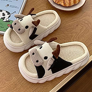 Cute Cow Slippers, Kawaii Fuzzy Milky Cow Slides, Winter Warm Milk Cow House Slippers, Indoor Cozy Cartoon Animal Slipper House Shoes for Women Men (Linen Cow ,9 Women/7.5 Men)