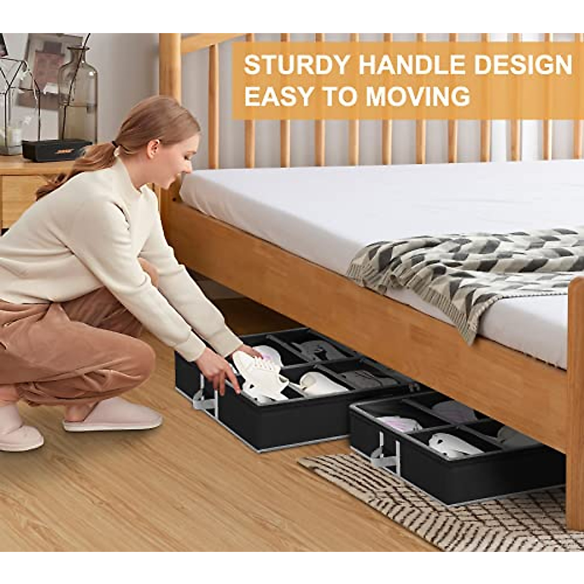 punemi Under Bed Shoe Storage Organizer, 2Pcs Fits 24 Pairs Sturdy Structure Underbed Shoes Organizer With Bottom Support & Adjustable Feature, Shoe Solution With Clear Cover & 2 Reinforced Handles