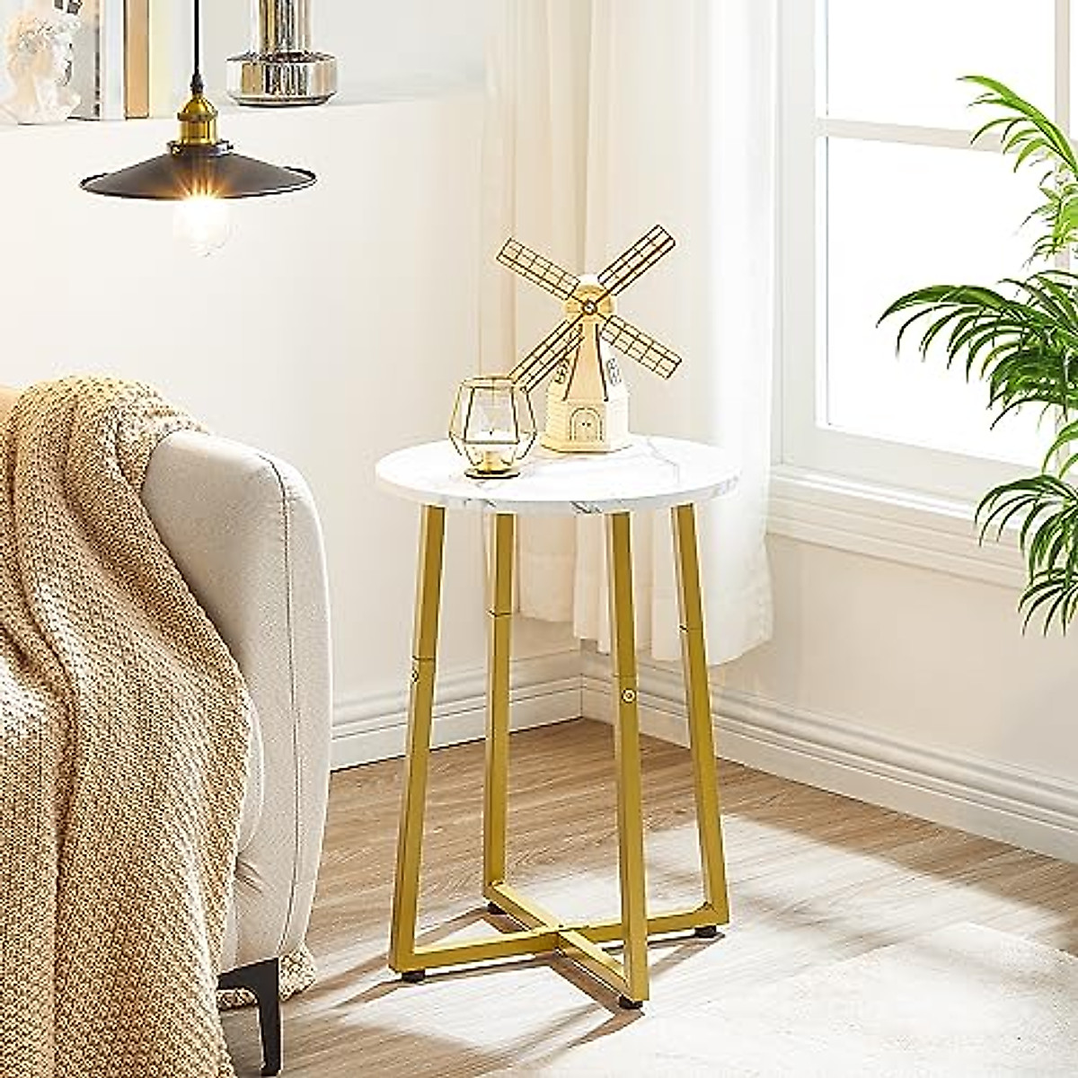 HOOBRO Round Side Table, Round Accent End Table with Sturdy X-Shaped Metal Frame, 15.7" Round Nightstand, for Living Room, Bedroom, Balcony, Office, Gold and Marble DM95BZ01