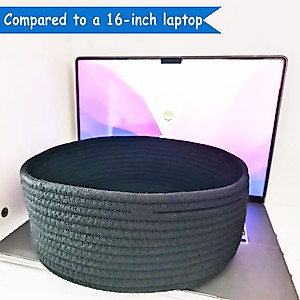 Hispqser Large Black Woven Basket, Round Cotton Rope Basket with Handle Empty Gift Basket to Fill Decorative for Toys Hamper Nursery Sturdy Thicken Storage Bathroom Living Room 10.6 * 10.6 * 3.5in