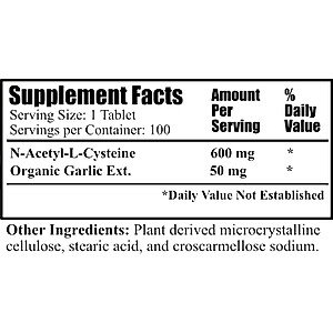 Daily NAC (N-Acetyl-L-Cysteine & Organic Garlic Extract) Tablet - Immune Support Herbal Supplement, Vegan, Quick Dissolve - 1 Bottle