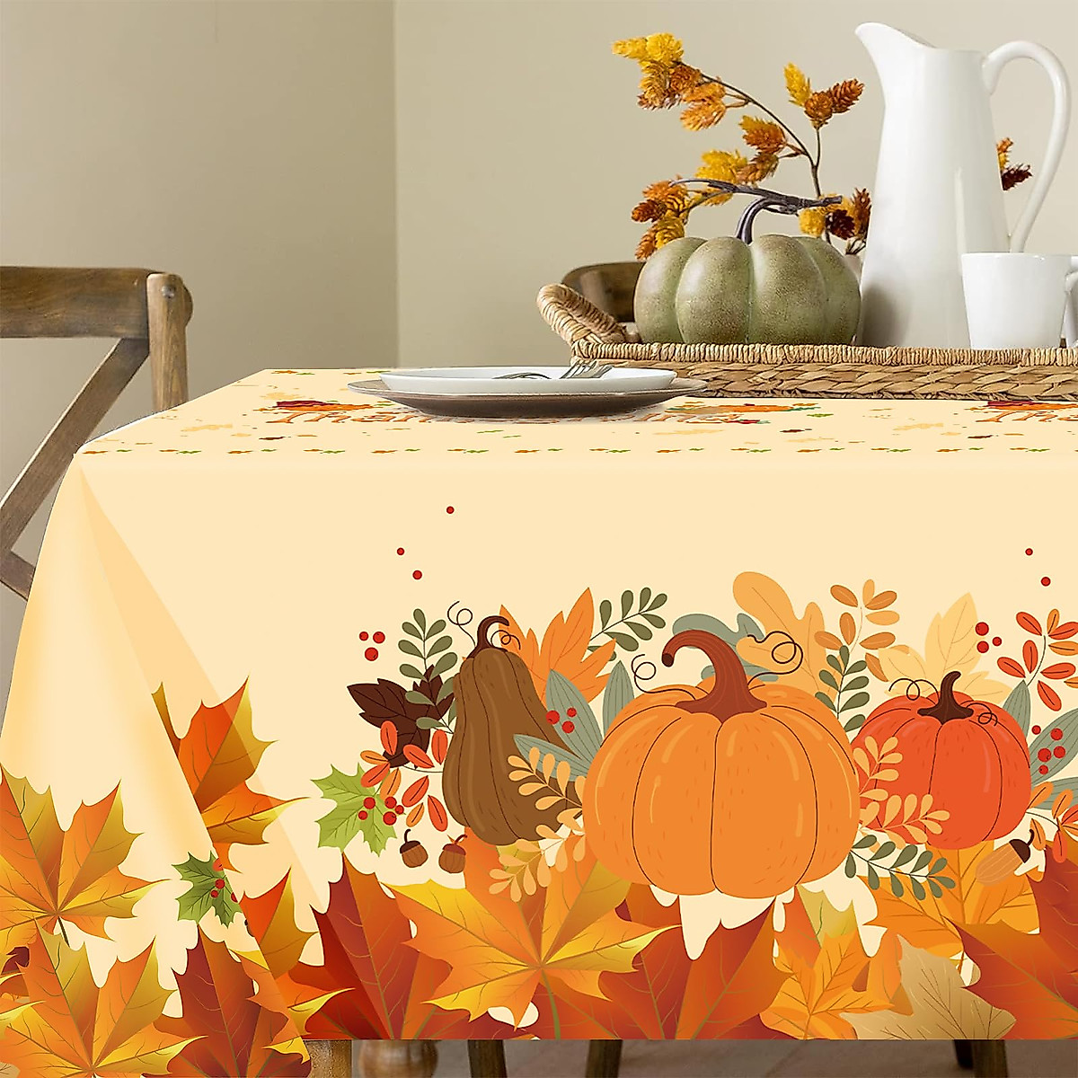 4 Pack Thanksgiving Fall Tablecloths, Pumpkin Maple Leaves Table Cloth Disposable Plastic Autumn Harvest Thanksgiving Table Cover for Dinner Kitchen Party Holiday Decorations, 54” x 108” Rectangle