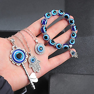 YADOCA 12/15Pcs Evil Eye Necklace for Women Men Bracelets Earring Ring Keychain Hamsa Hand Pendant Turkish Protection Jewelry Set with 50Pcs Evil Eye Stickers