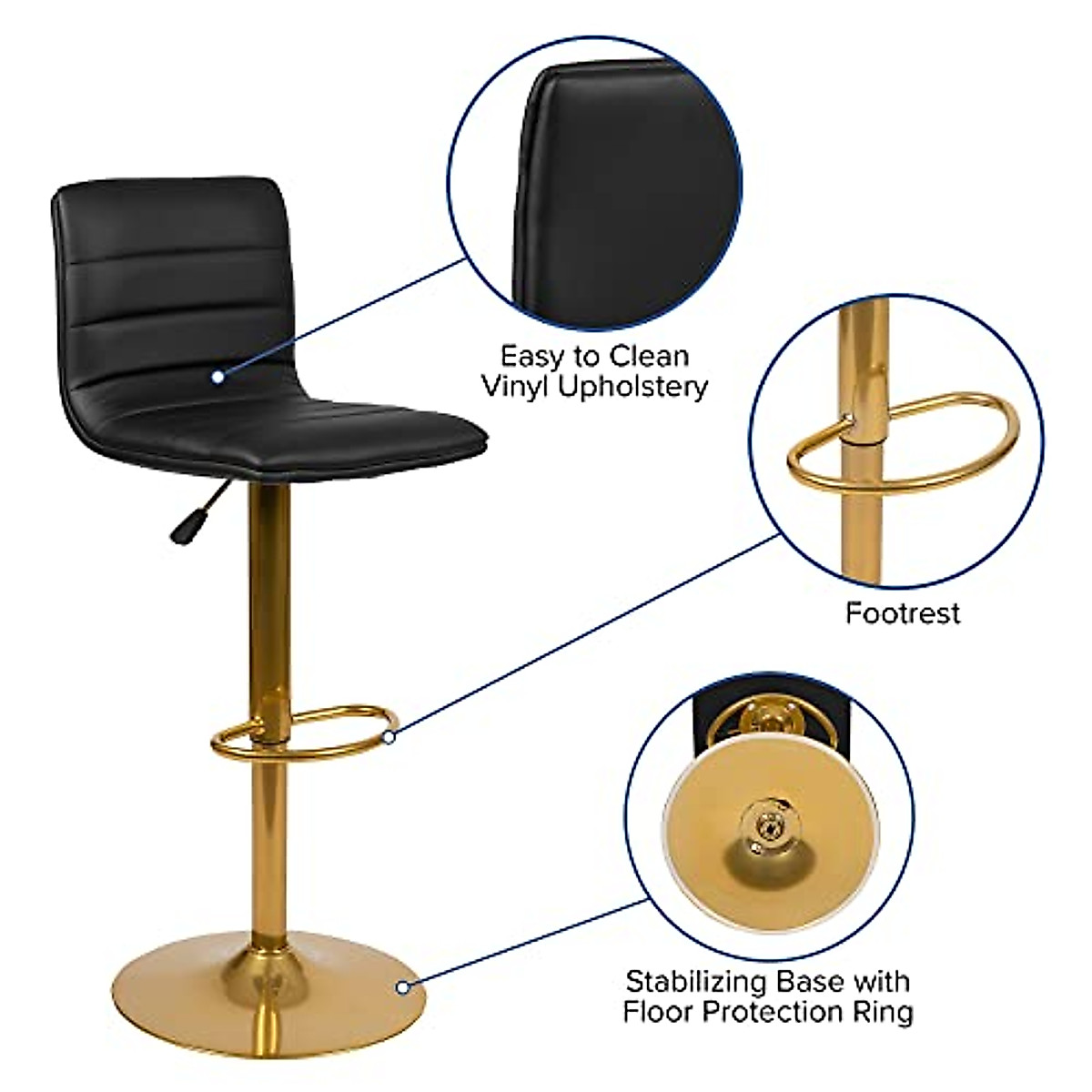 Flash Furniture Vincent Modern Black Vinyl Adjustable Bar Stool with Back, Counter Height Swivel Stool with Gold Pedestal Base, Set of 2