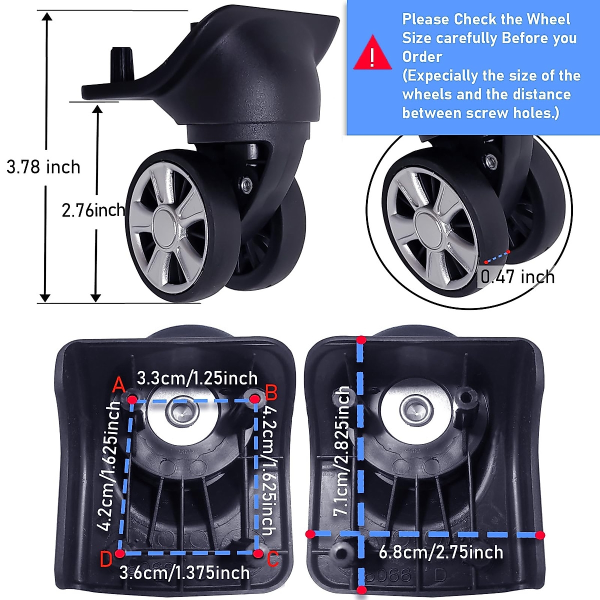 Replacement Luggage Wheels Repair Suitcase Bag Parts Spinner Wheels Casters Black A Pair 2 pcs