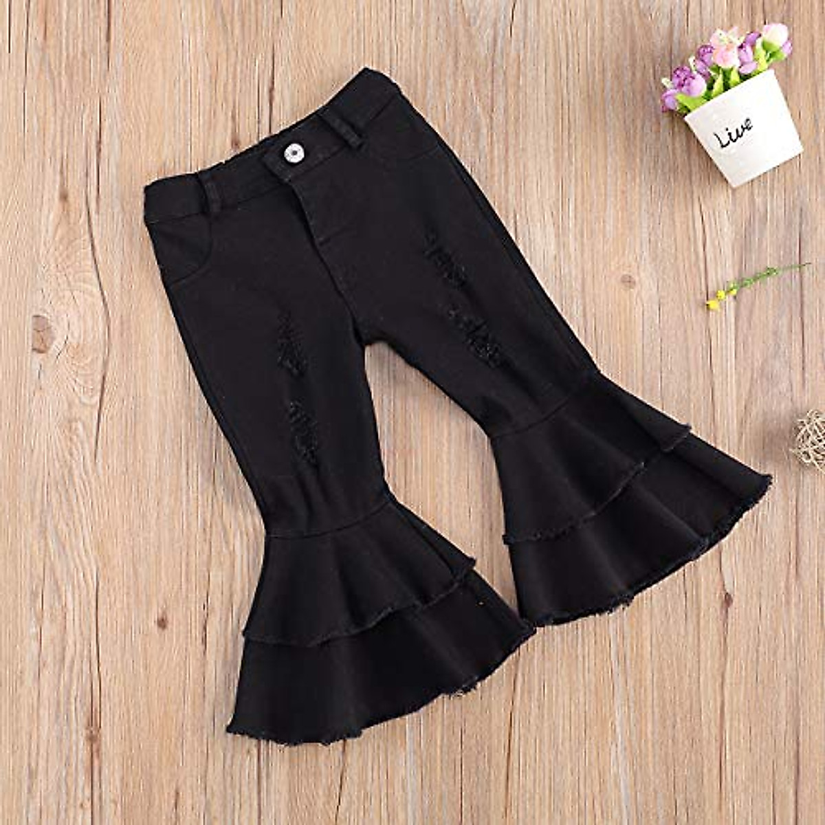 FIOMVA Toddler Baby Girls Flare Pants Solid Denim Ripped Jeans Ruffle Wide Leg Legging Trousers High Waist Bell Bottoms (B-Double Layered Ripped Black,1-2T)