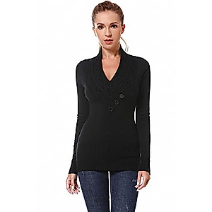 AmélieBoutik Women Crossover Cable Knit V Neck Long Sleeve Pullover Sweater (Black Medium)