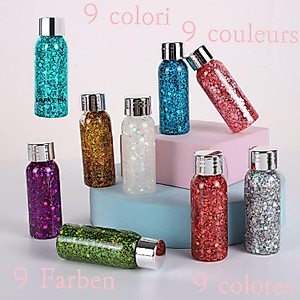 9 Pack Body Glitter Gel, Mermaid Sequin Chunky Glitter Face Hair Nail Lip Glitter Gel Lasting Sparkling Lotion Glitter Liquid Eye Shadow for Festival Birthday Makeup Party