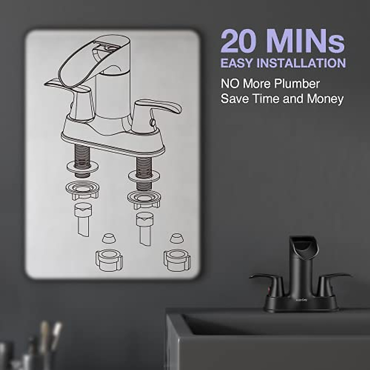 Black Bathroom Faucet 4 Inch 2 Handle - WaterSong Waterfall Bathroom Sink Faucet with Pop-up Drain & cUPC Lead-Free Water Supply Hose, Centerset 360° Swivel Spout Bathroom Faucet, RV Farmhouse Modern