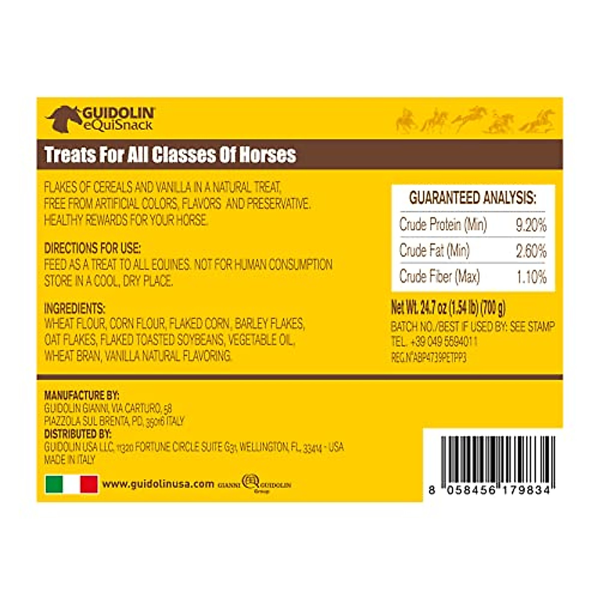 GUIDOLIN EQUISNACK Horse Natural Treats with Superfoods and Real Fruit Pieces, No Sugar Added, Handmade in Italy - 1,54 LB (Vanilla and Cereals)