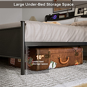 AOVSA Queen Bed Frame with LED Lights and Charging Station, Queen Platform Bed with Storage Shelf Headboard, Strong Metal Slats Support, No Box Spring Needed, Noise Free, Easy Assembly - Black