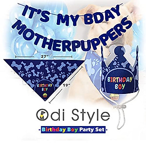 Odi Style Dog Birthday Party Supplies - Dog Birthday Bandana Set - Birthday Boy Bandana for Medium, Large Dogs, Party Hat, Crown and Cute Dog Birthday Banner with It's My Birthday Mother Puppers Sign