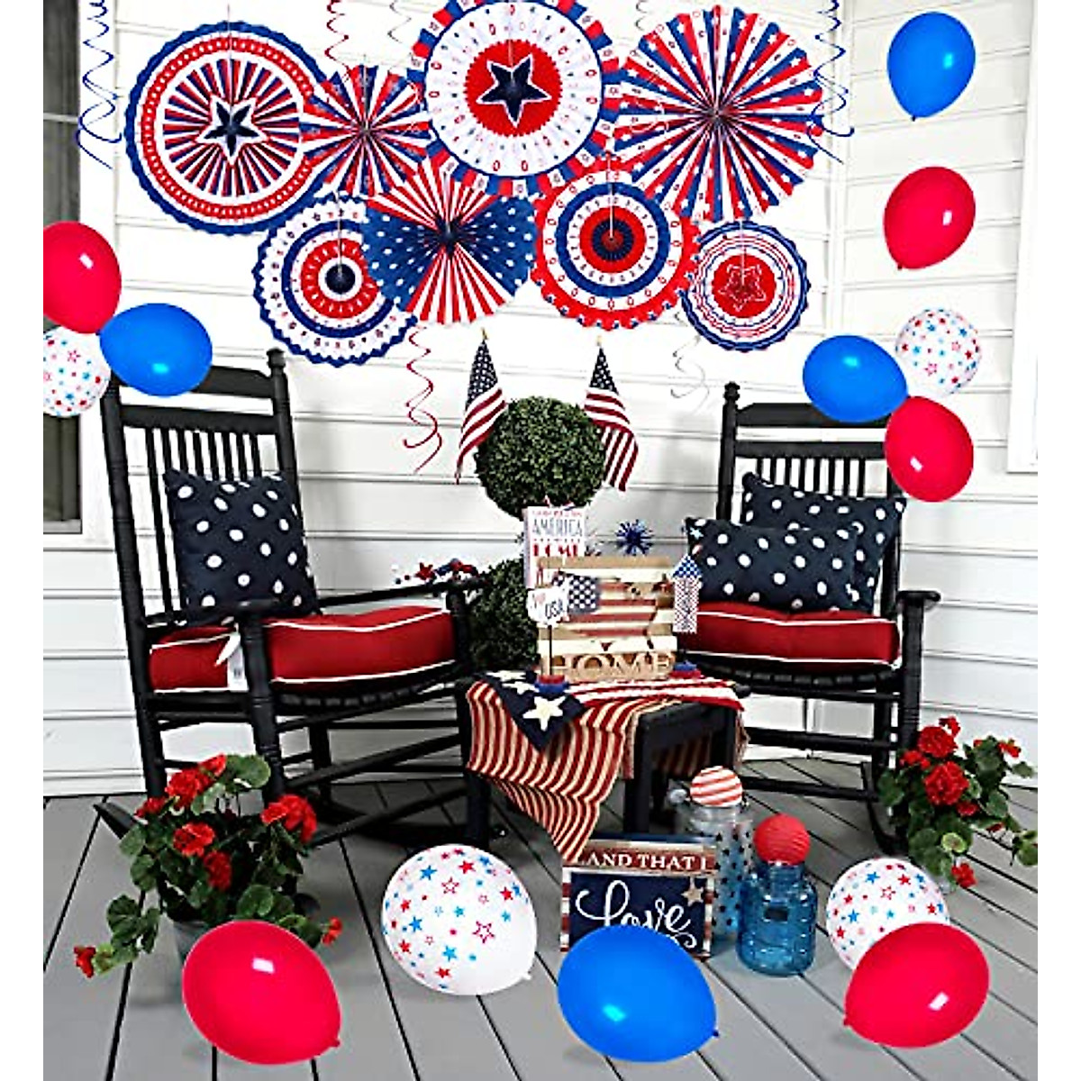90shine 37PCS 4th/Fourth of July Decorations Set - Red White Blue Patriotic Memorial Day Paper Fans + Hanging Swirls + Star Streamer + Balloon Garland Home Outdoor Birthday Party Decor Supplies