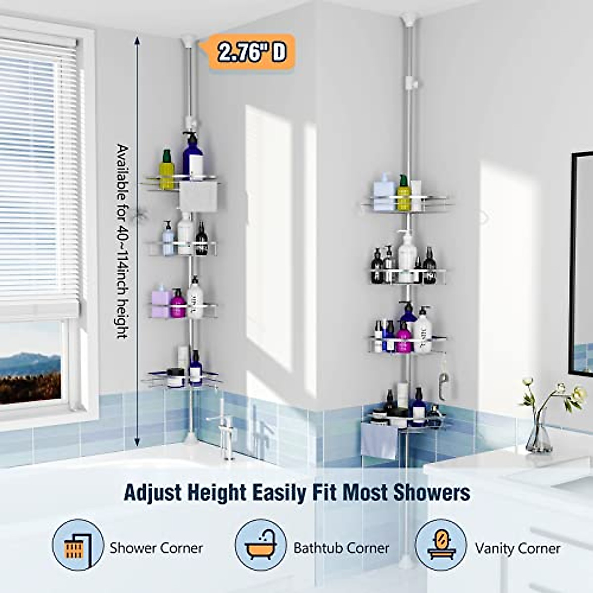 LIVECAST Shower Caddy Corner Organizer with Tension Pole for Bathroom Bathtub Stainless Storage for Shampoo Accessories, 4 Adjustable Shelves, 40 to 114 Inch