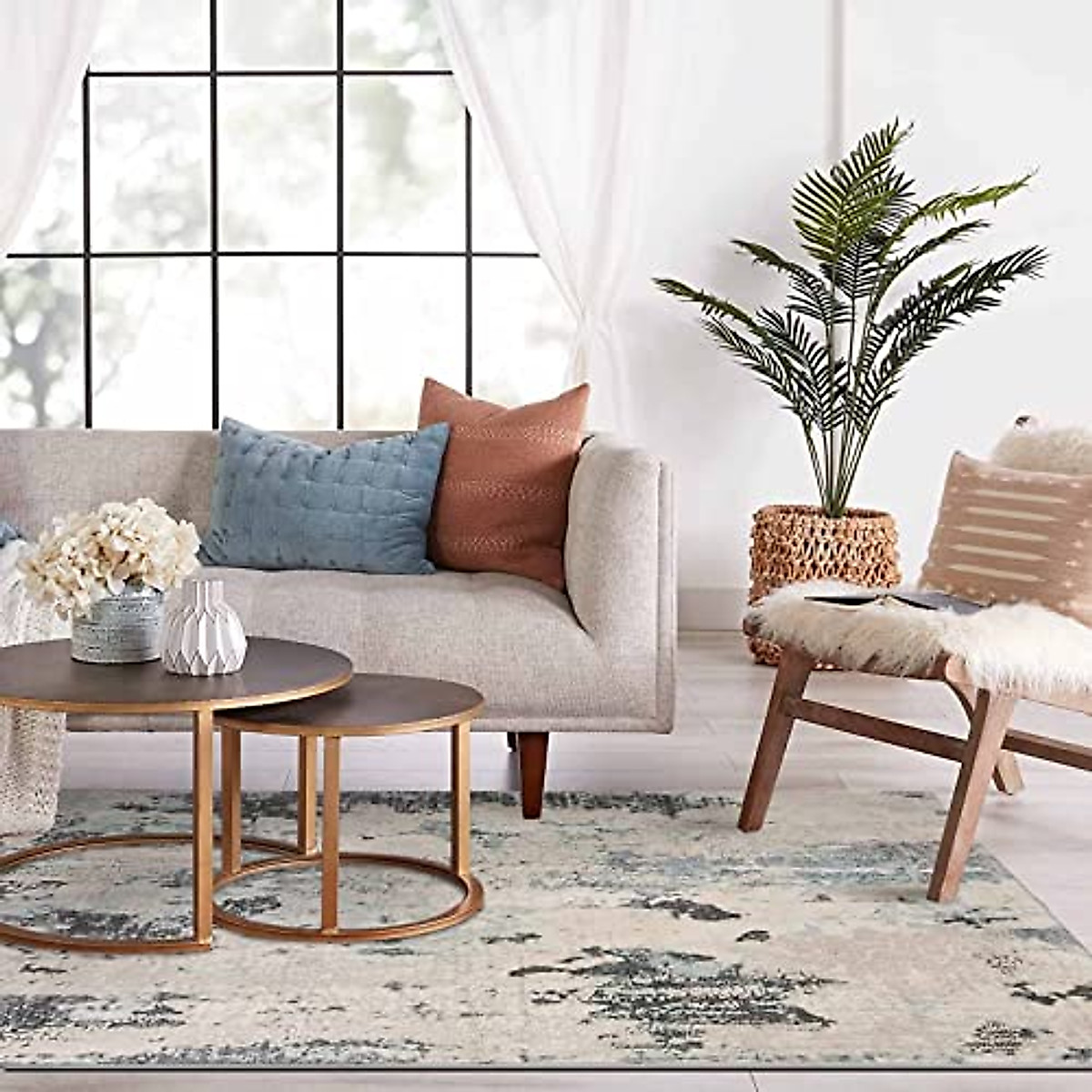 ASIinnsy Mordern Abstract Rug Distressed Faux Wool Non-Slip Area Rug for Living Room Bedroom Carpet Indoor Home Rug Floor Mat (Grey Beige/Green, 5.2' x6.5')