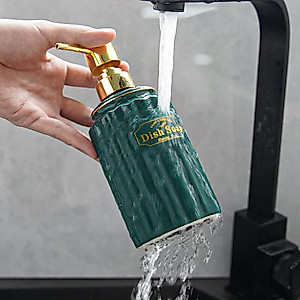 SOOKDEO Soap Dispensers, 14oz Ceramic Bottles with Gold Pumps & Waterproof Labels for Shampoo, Hand Soap, Dish Soap, Lotion, Body Wash - Ideal for Bathroom, Kitchen, Living Room, Set of 2 (Green)