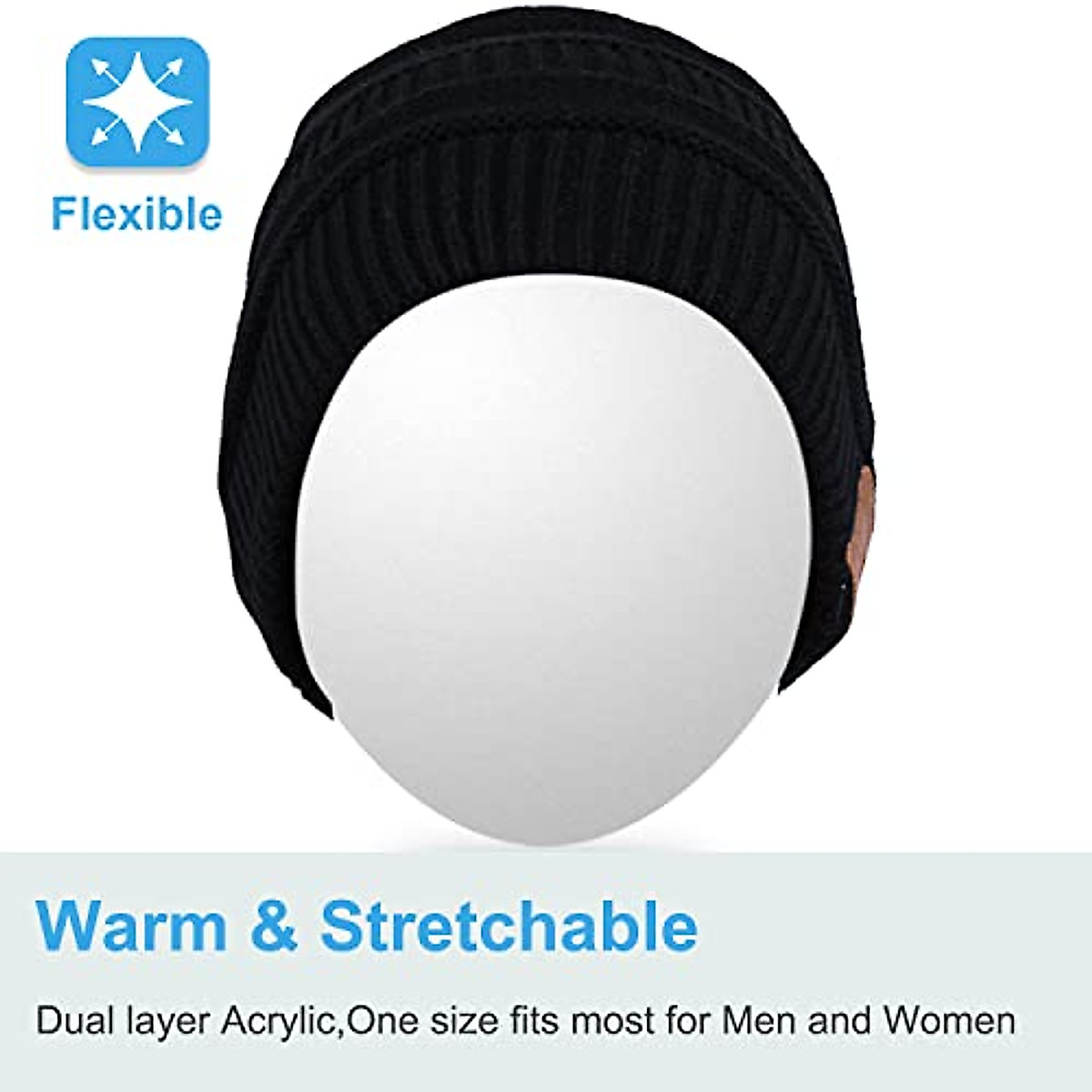 Rotibox Winter Bluetooth Beanie Hat Fashional Double Knit Skully Cap w/Wireless Stereo Headphone Speakerphone Mic for Outdoor Sports Running Skating Hiking Camping - Black
