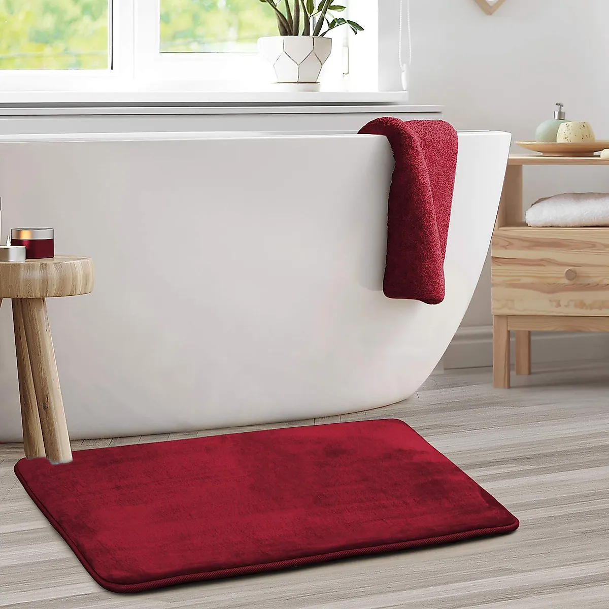 Clara Clark Bathroom Rugs, Velvet Memory Foam Bath Mat, Non-Slip, Machine Washable Bath Rugs - Dries Quickly, Ultra Soft Plush Bath Mats for Bathroom, 20 x 32, Burgundy Red