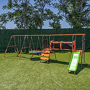 Jungle Warrior Anaconda Metal Swing Set with 45" Saucer Swing, 2 Sling Swings, Rock Climbing Wall and 5ft Slide with Slide