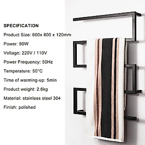 Heated Towel Rack Wall Mounted Holder 5Bars Rustproof Sturdy Space-Saving Heater Warmer Towel Racks Stainless Steel Bathroom Accessories Waterproof IP44 for Bathroom Kitchen Hotels (90W Black)