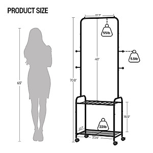 Hzuaneri Clothes Rack, Garment Rack with 2-Tier Storage Shelf, 2-In-1 Design, Clothing Rack with 4 Wheels, Metal Frame Shoe Rack, Coat Rack with 4 Hooks for Bags, 220 lb Max, Black GR07660B