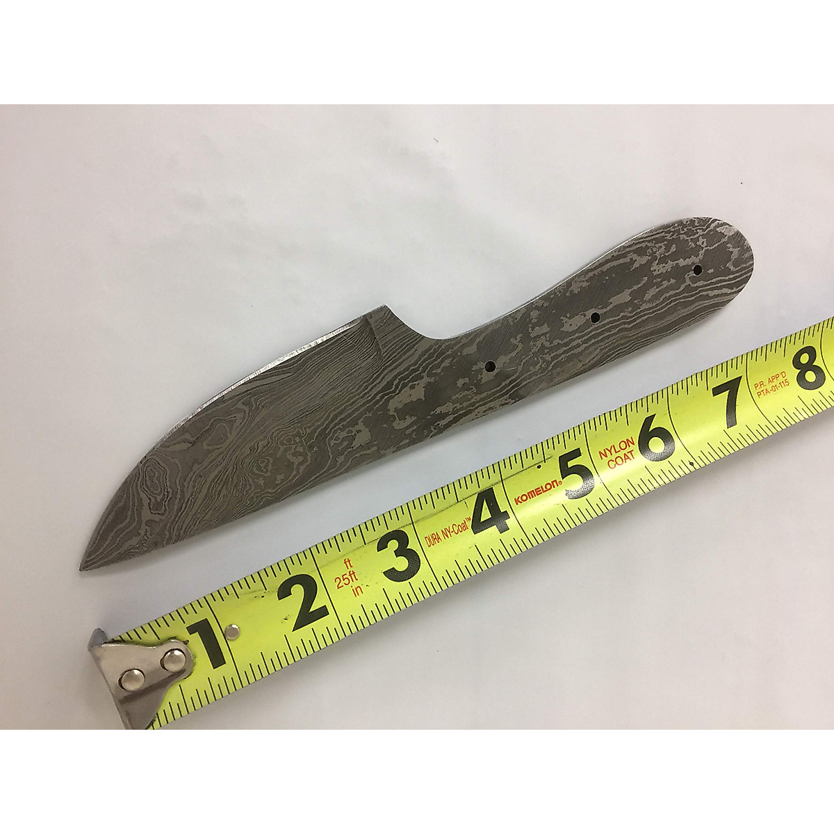 8 inches long hand forged Damascus steel straight back blank blade skinning knife with 3 pin hole. 3.5 inches cutting edge